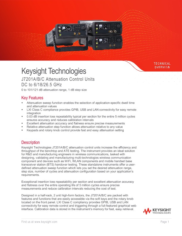 J7201A/B/C Attenuation Control Units DC to 6/18/26.5 GHz PDF Asset Page | Keysight